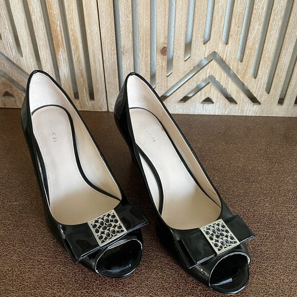 Coach | Shoes | Coach Gretchen Patent Leather Peep Toe Wedge Sandals ...